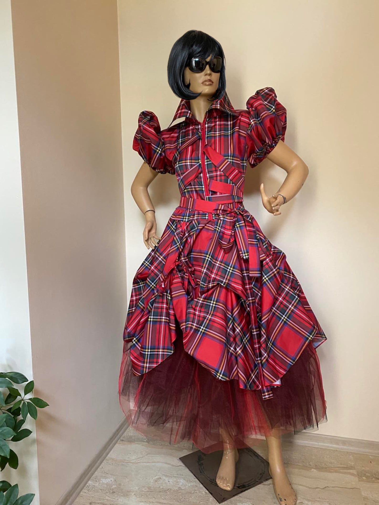 Red Plaid Tartan Burlesque Cocktail Taffeta Dress Flare - Etsy