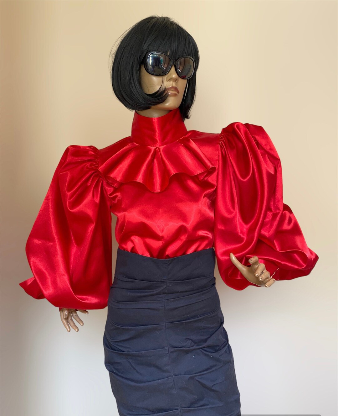 Red Satin Formal Blouse With Victorian Collar and Puffy Sleeves - Etsy