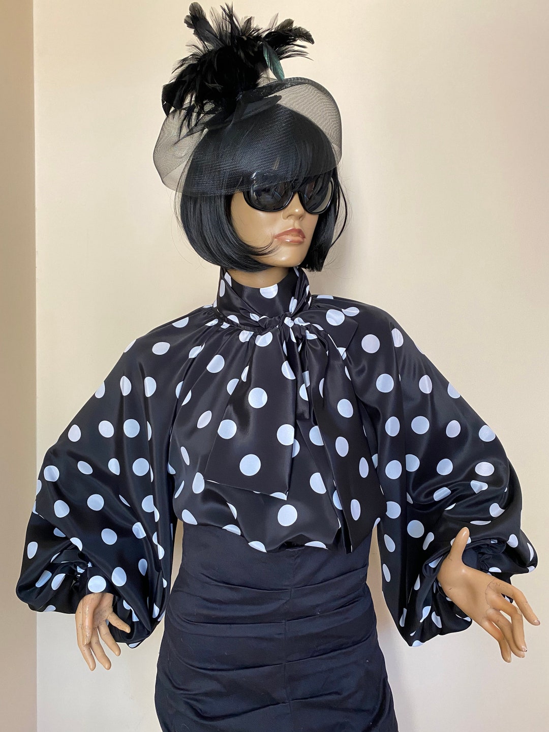 Formal Silk Polka Dot Cocktail Blouse, Victorian Collar Blouse, Plus ...