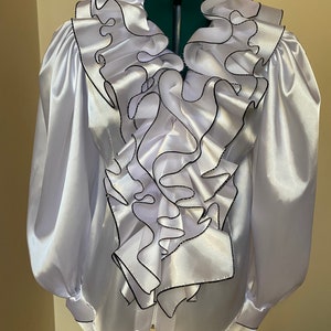 White Satin Ruffled Blouse, Puffy Sleeves Blouse - Etsy