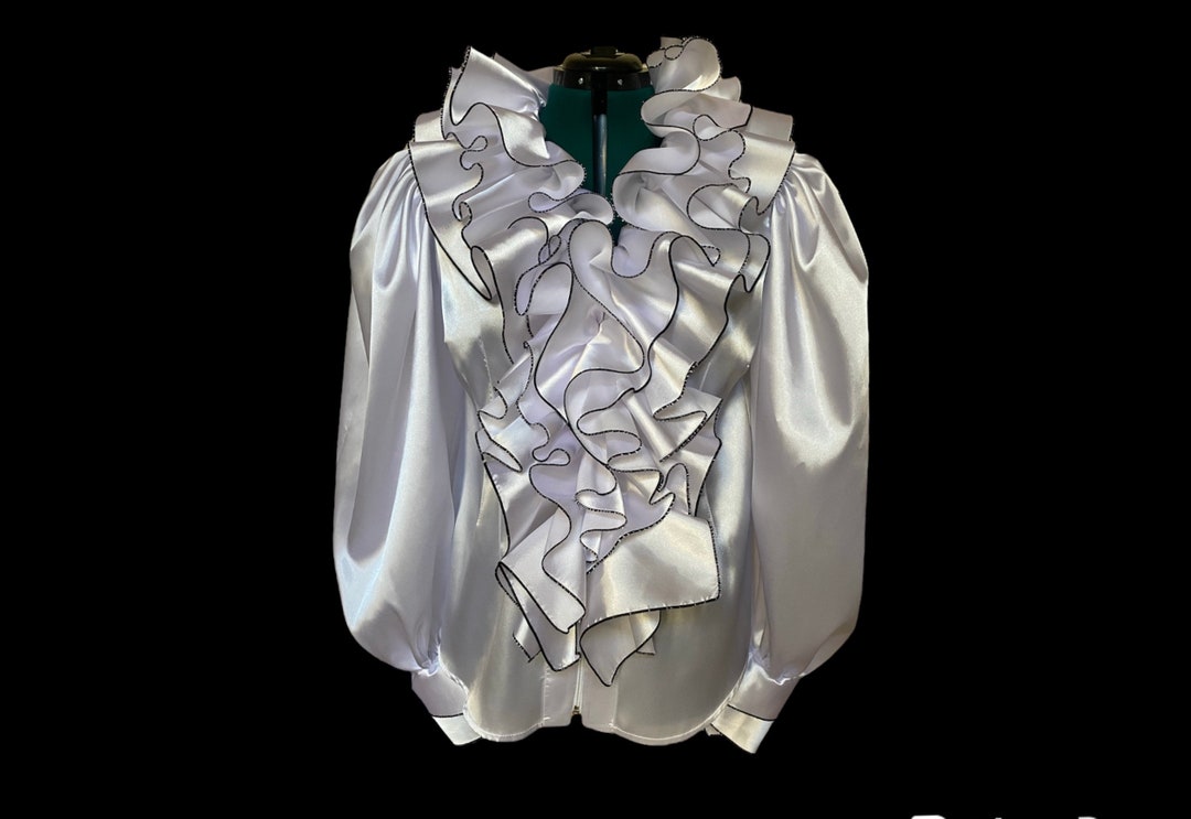 White Satin Ruffled Blouse, Puffy Sleeves Blouse - Etsy