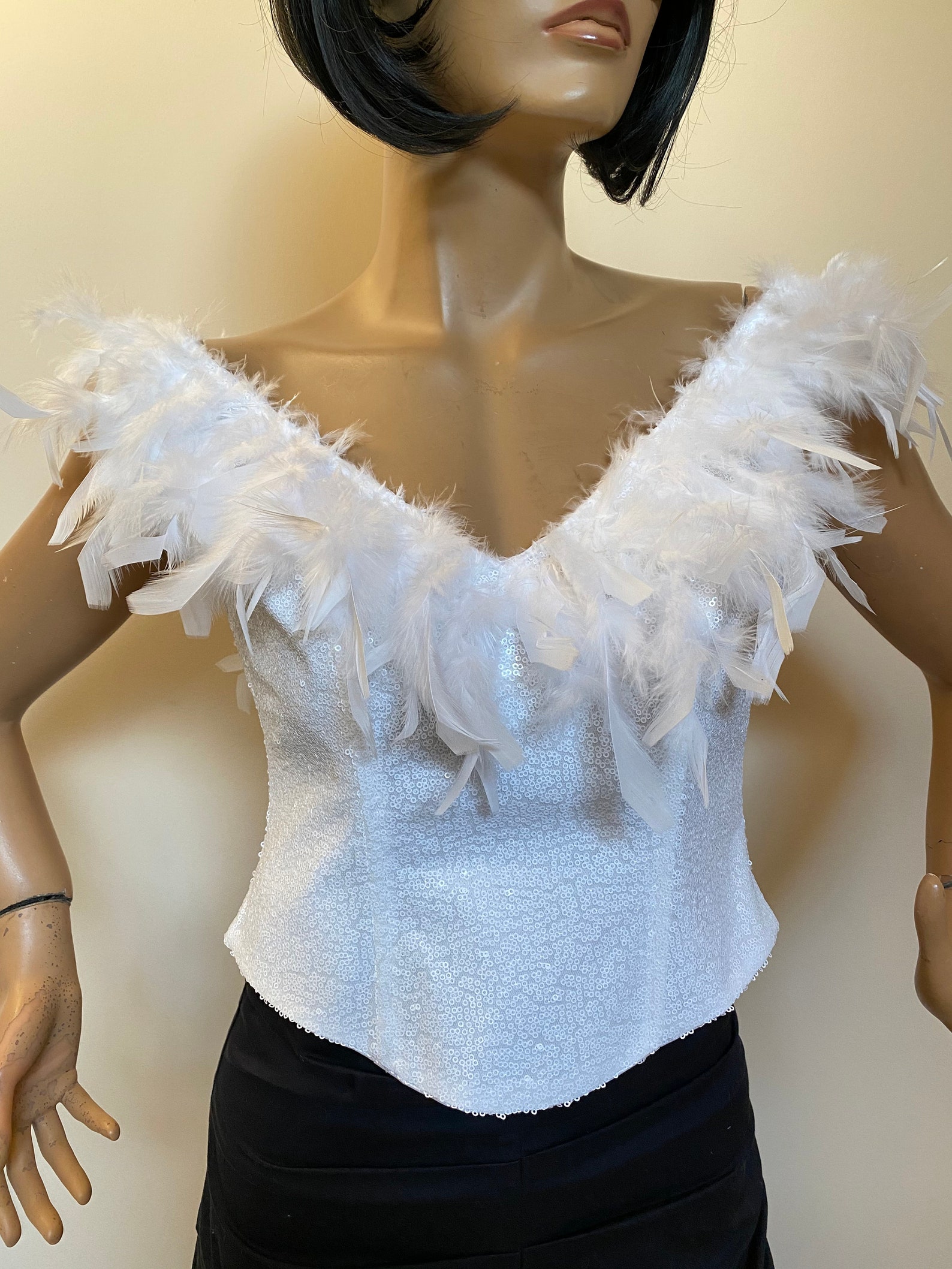 White Sequins Corset Sequins Bustier Fluffy Turkey Feathers - Etsy