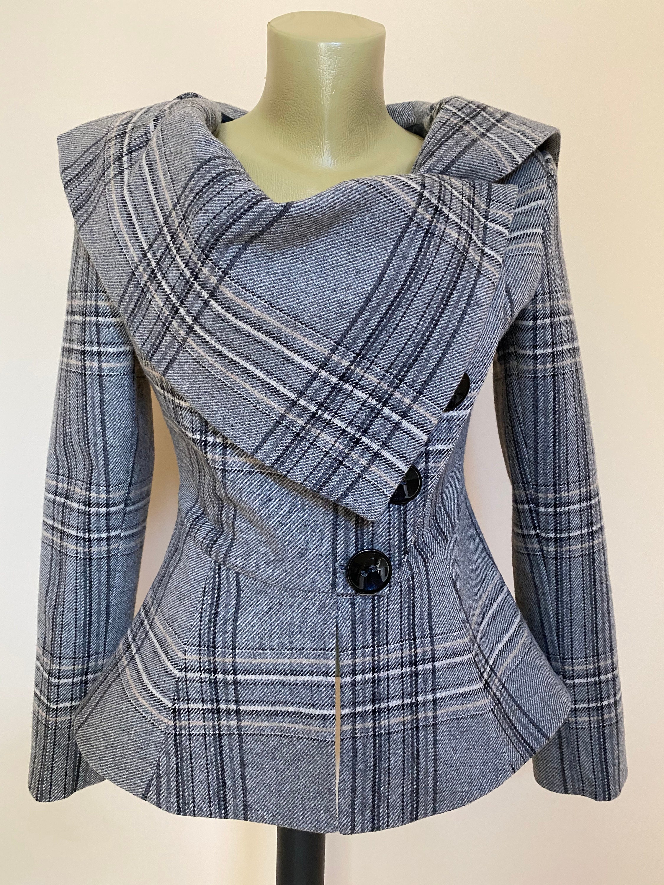 Grey Gray Wool Tartan tailored jacket Tweed checked blazer | Etsy