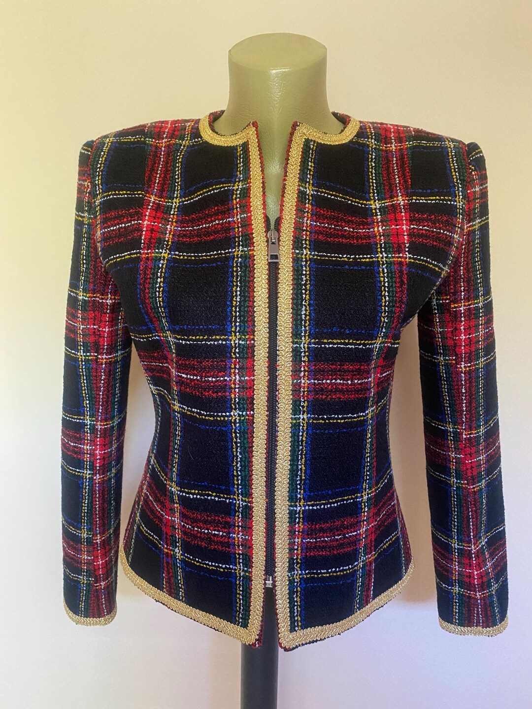 Vintage Style Plaid Tweed Jacket With Gold Trim, Black Tartan Jacket - Etsy