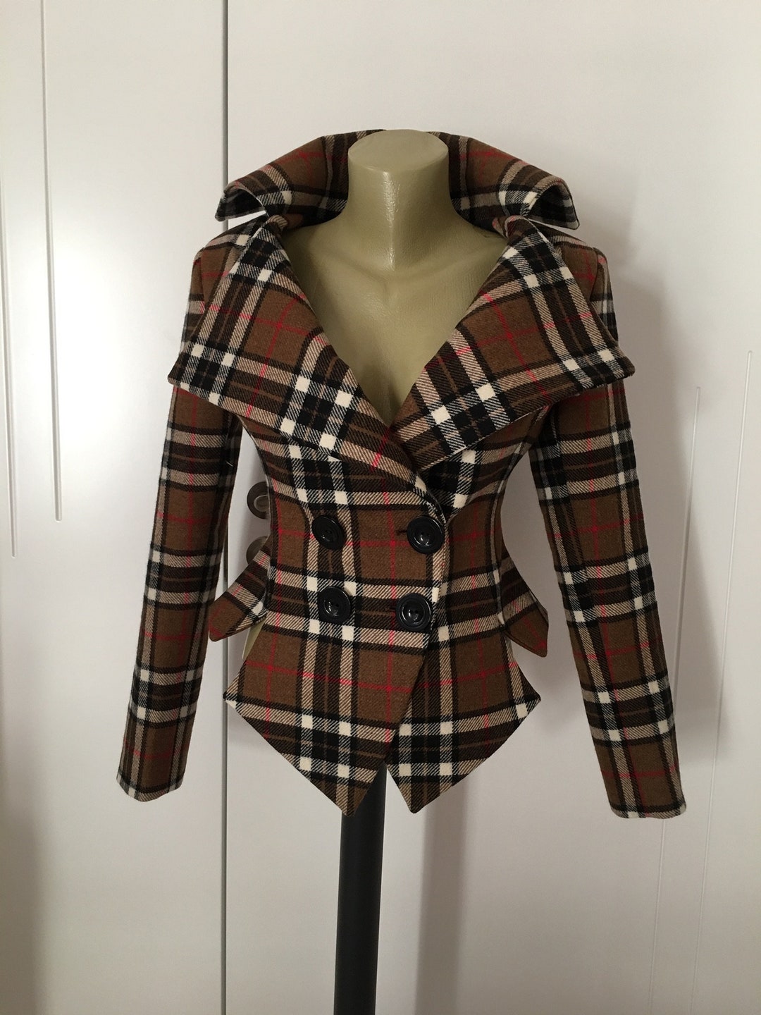 Brown Wool Tartan Tailored Jacket, Tweed Checked Blazer, Womens Plaid ...