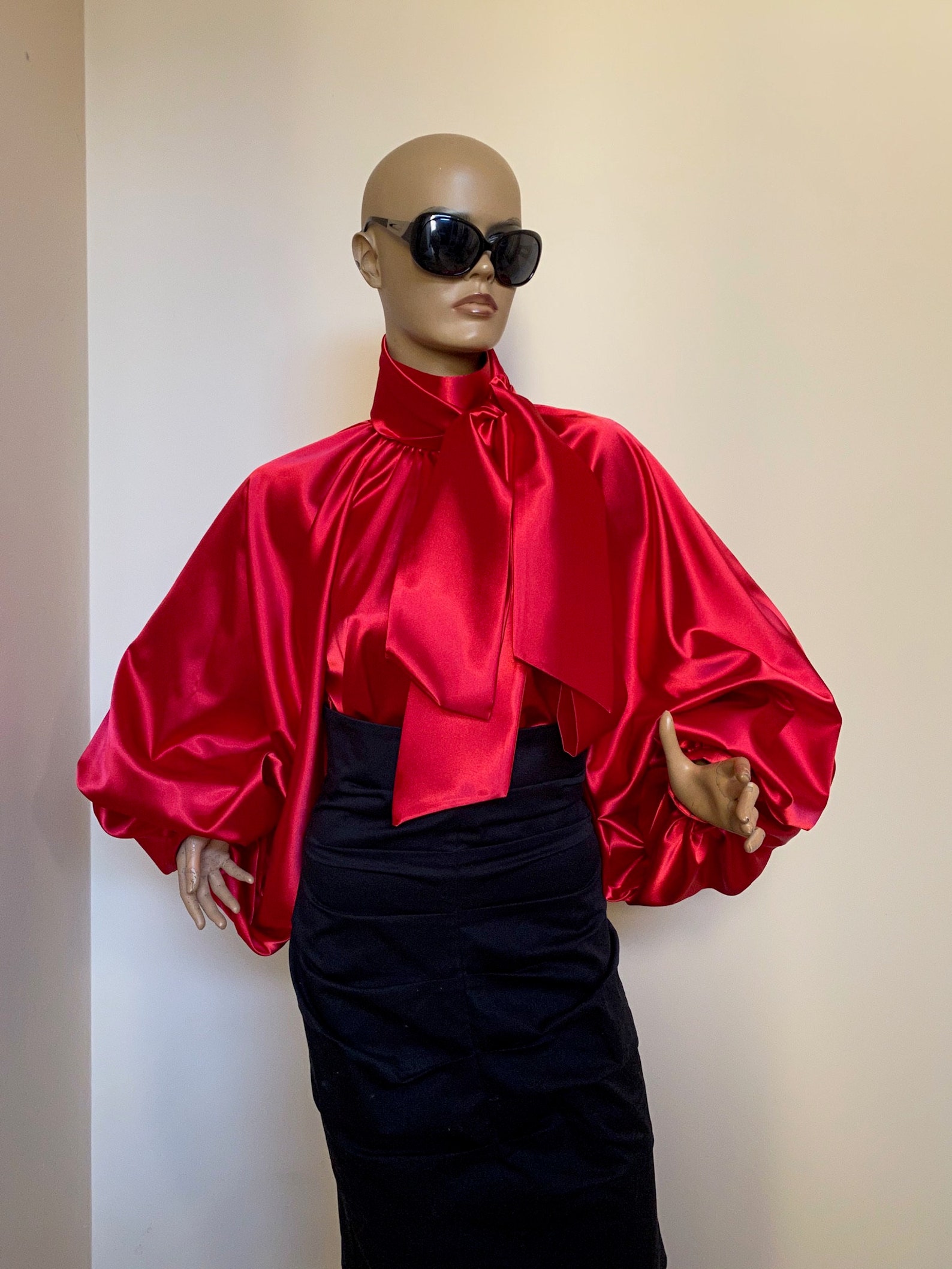 Red Formal Satin Cocktail Satin Blouse, Victorian Collar Blouse, Plus ...