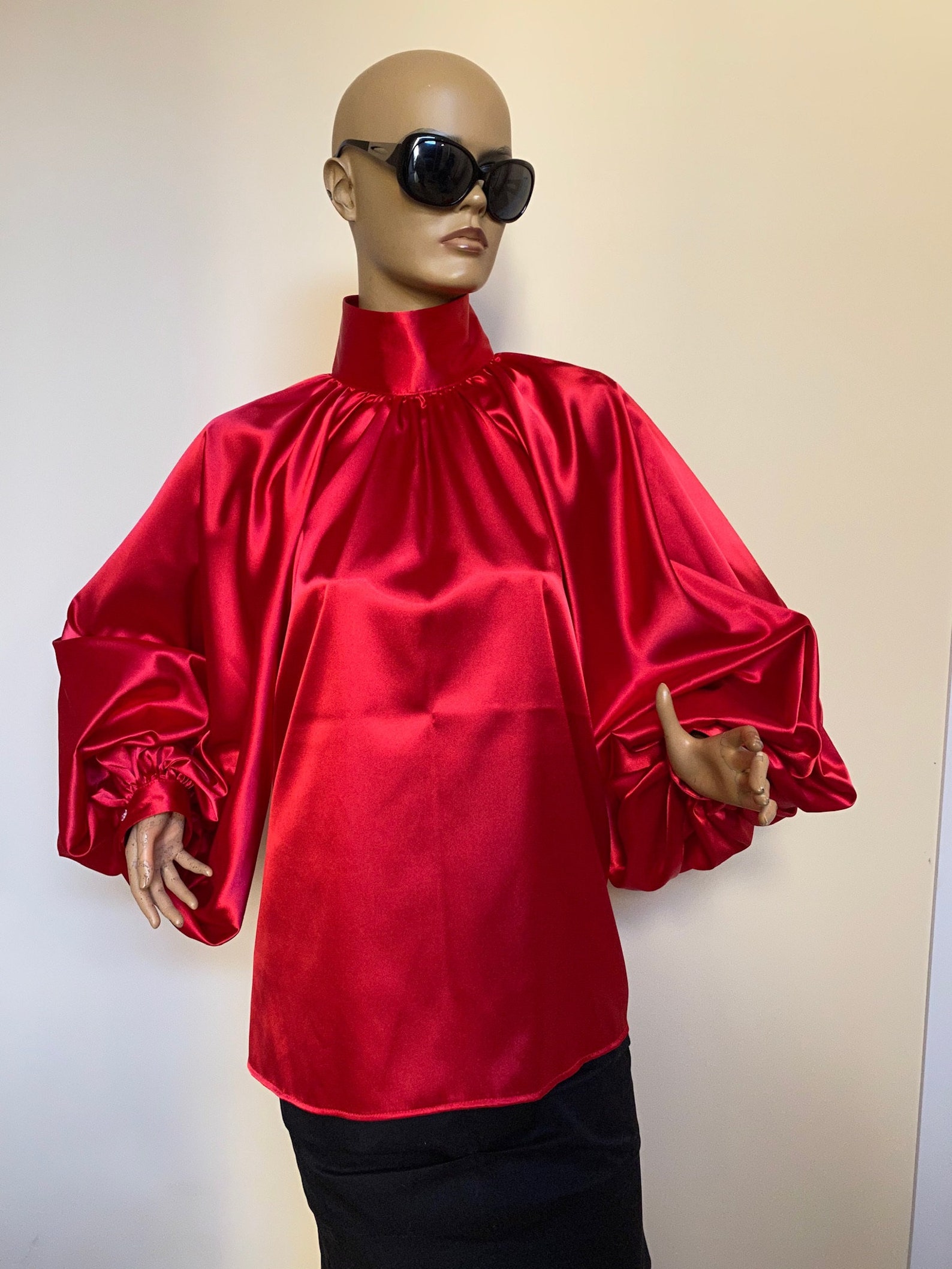 Red Formal Satin Cocktail Satin Blouse, Victorian Collar Blouse, Plus ...