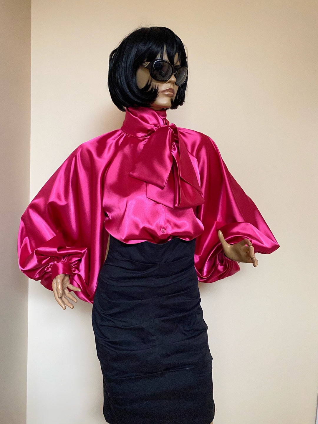 Hot Pink Formal Womens Satin Blouse, Cocktail Satin Blouse, Satin Bow ...