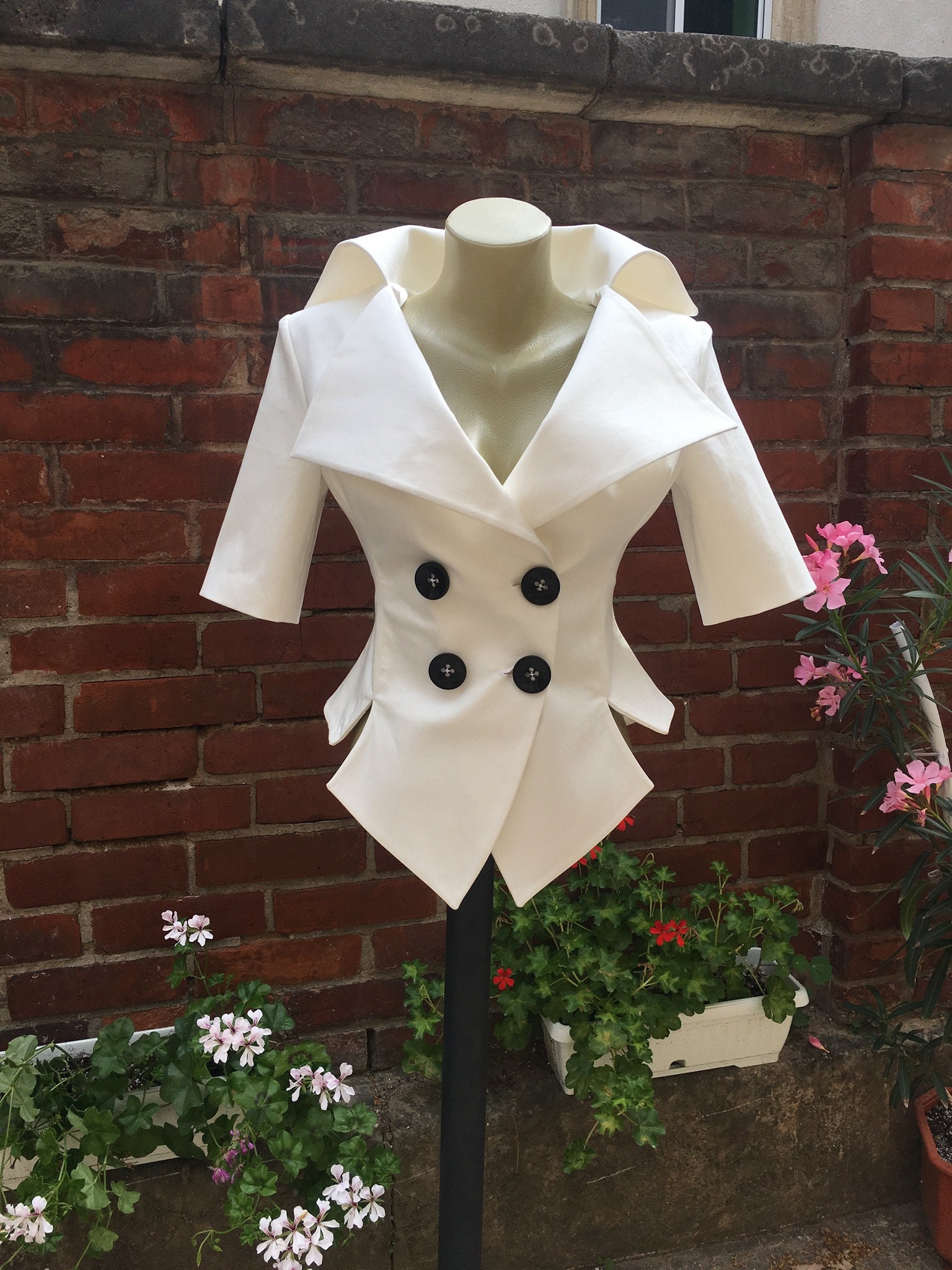 Women's Red White Jacket, Fitted Short Sleeve Blazer, Cotton Tailored ...