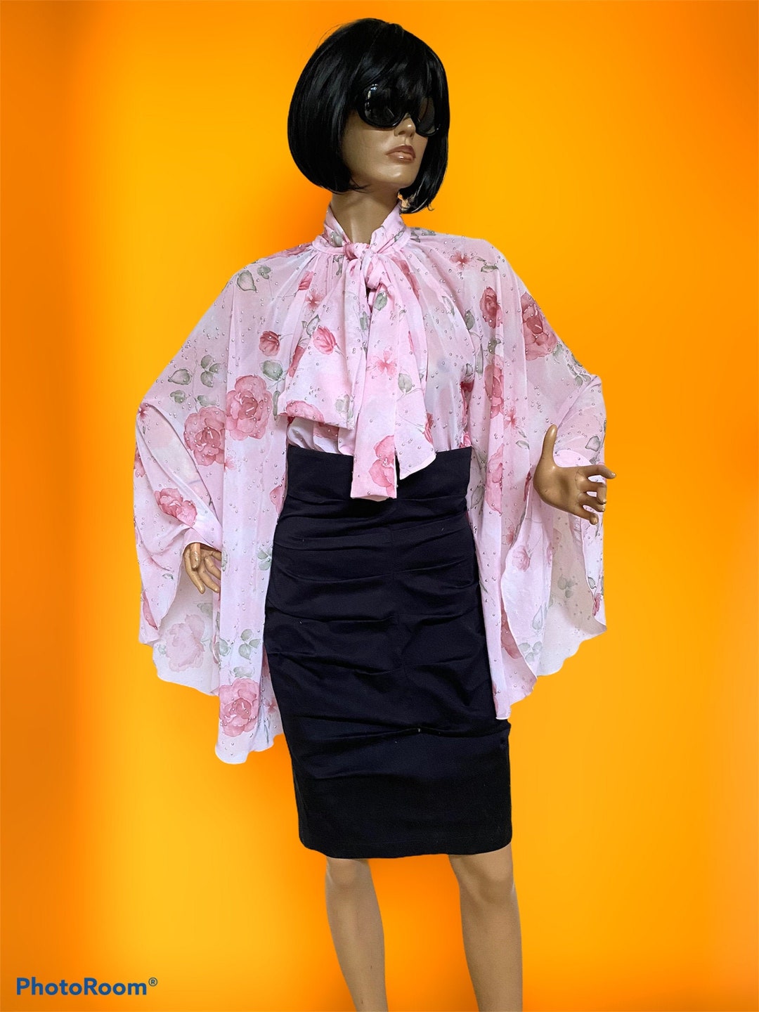 Formal Womens Chiffon Bow Blouse With Pearls, Pink Floral Printed ...