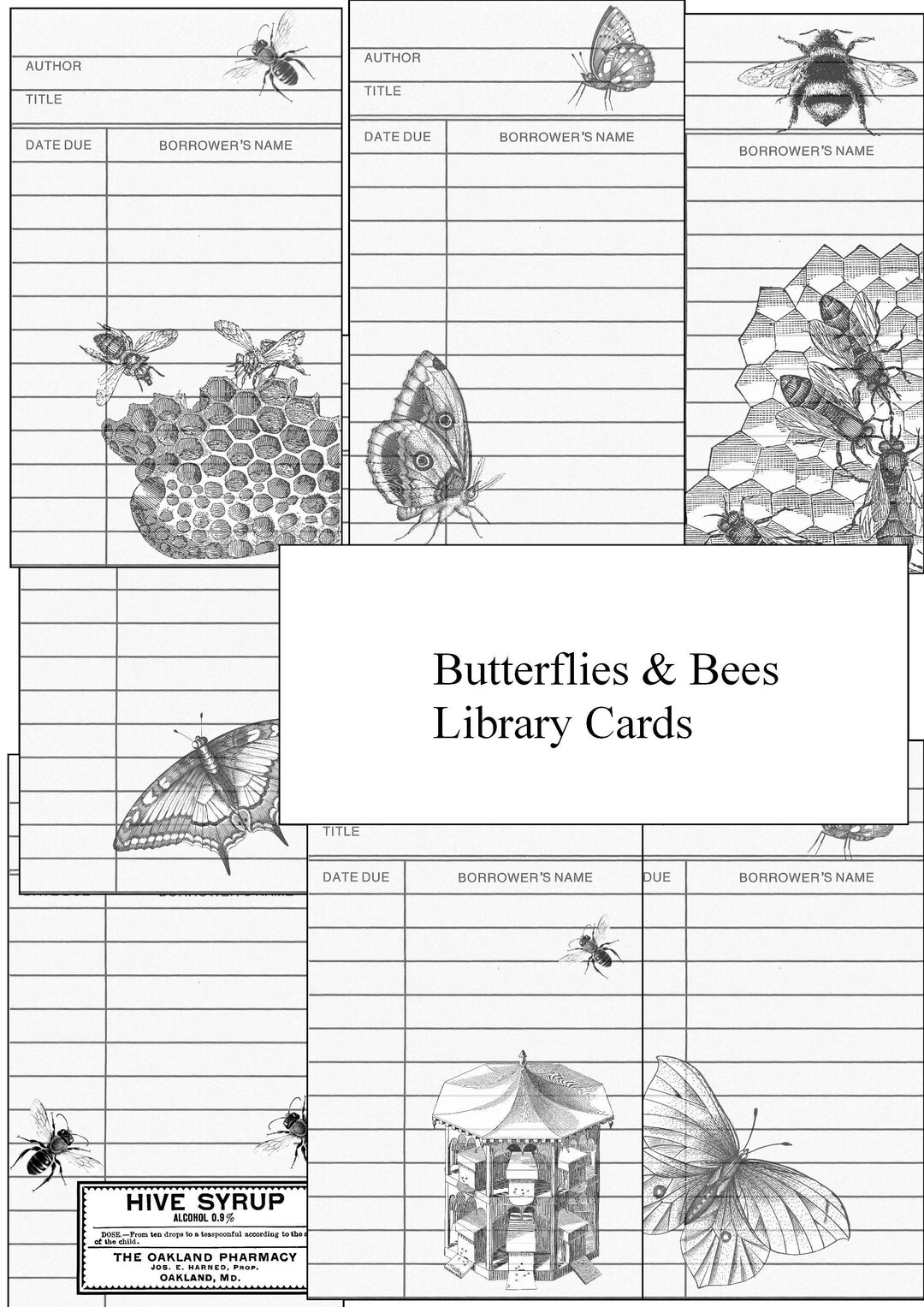 Butterflies and Bees Library Cards Digital Download for Journaling ...
