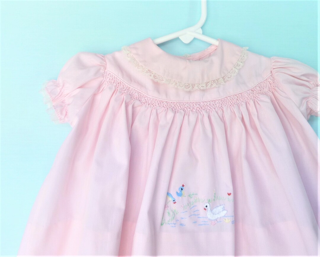 Vintage Baby Dress-pretty Pink Smocked Infant Bluebird Dress W/round ...