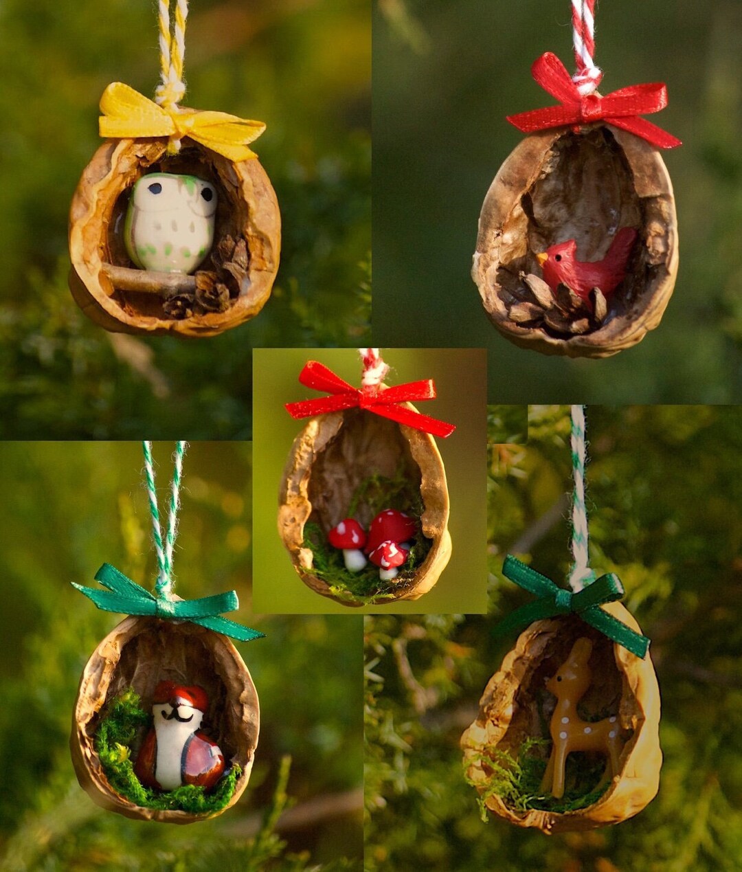 Woodland Walnut Ornament Set Owl Fox Fawn deer Mushrooms - Etsy