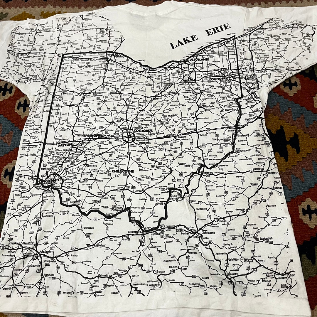 90s All Over Print Lake Erie Map Single Stitch Made Un USA Cotton Size ...
