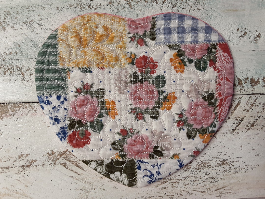 HEART - Patchwork - Cute Mug Rug Coaster - 5" X 5" - Whimsical ...