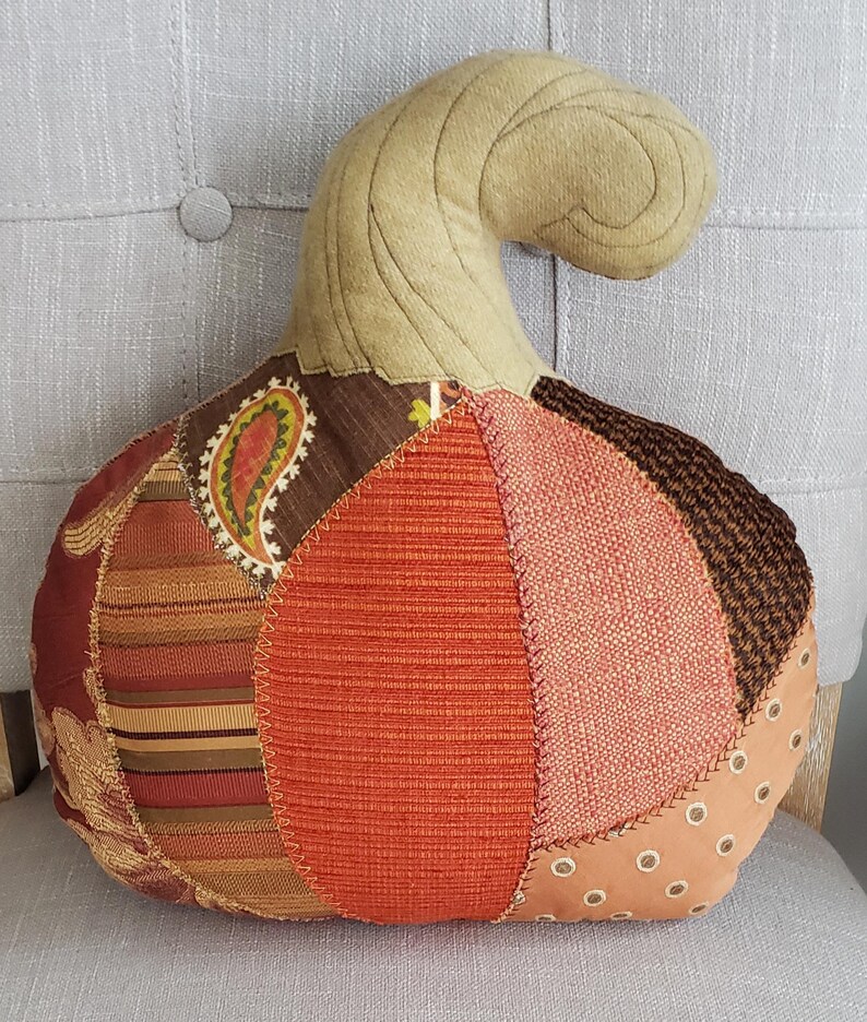 Crazy Quilted Patchwork Pumpkin Shaped Pillow Finished Upcycled Upholstery Decorator Fabrics and ...