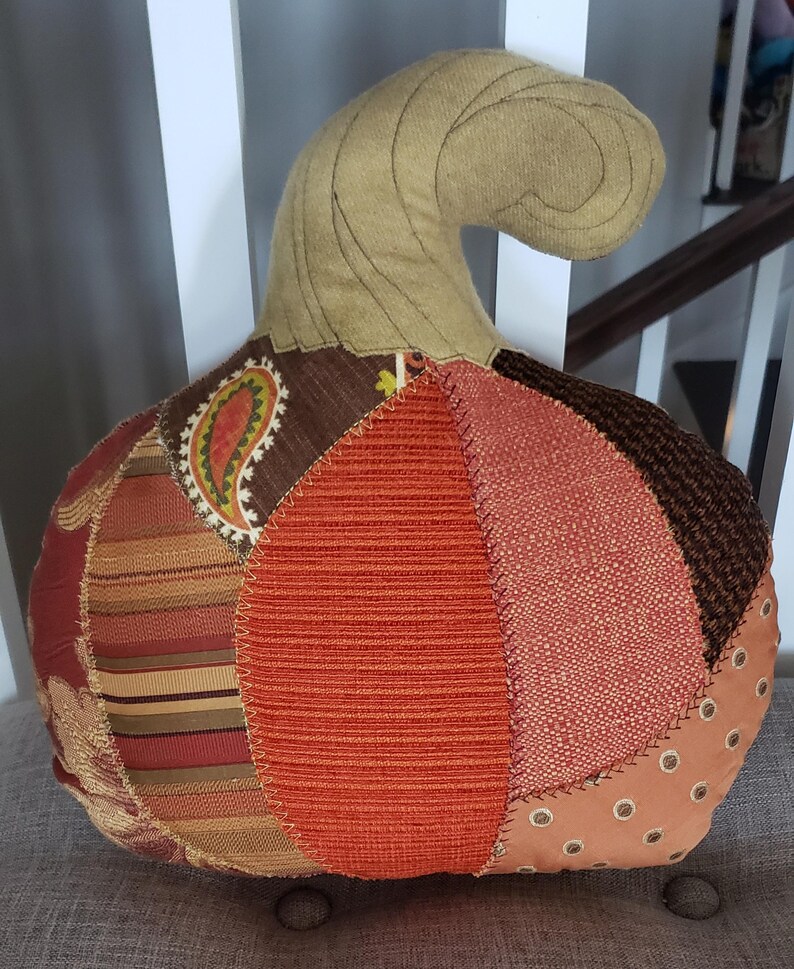 Crazy Quilted Patchwork Pumpkin Shaped Pillow Finished Upcycled Upholstery Decorator Fabrics and ...