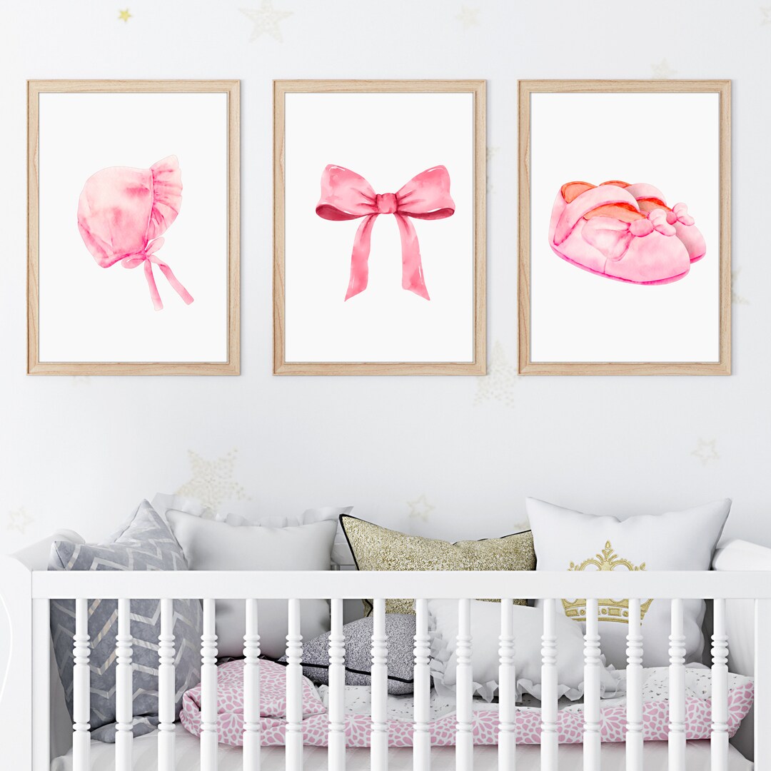 Grandmillennial Nursery Wall Decor Bow Bonnet Watercolor Baby Girl ...