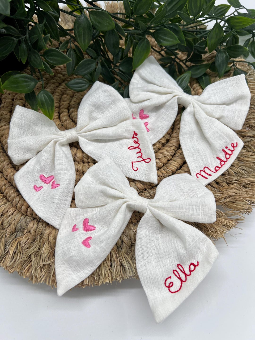 Personalized Hair Bow With Name and Hearts Linen Hair Bow Embroidered ...