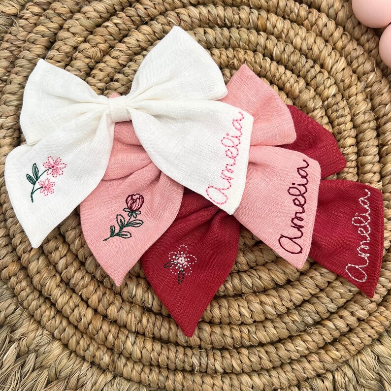 Personalized Linen Hair Bow Set, Embroidered Floral Name Clip - Etsy