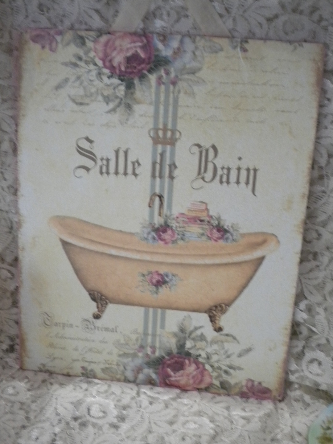 Shabby Chic Vintage French Bathroom Sign Salle De Bain (beige and Pink ...