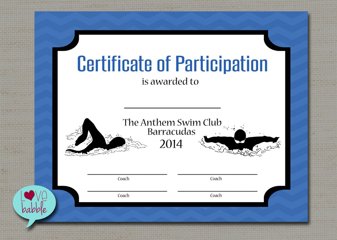 Swim Swimming Swimmer Team Sports Award, PRINTABLE DIGITAL FILE 8.5" X ...