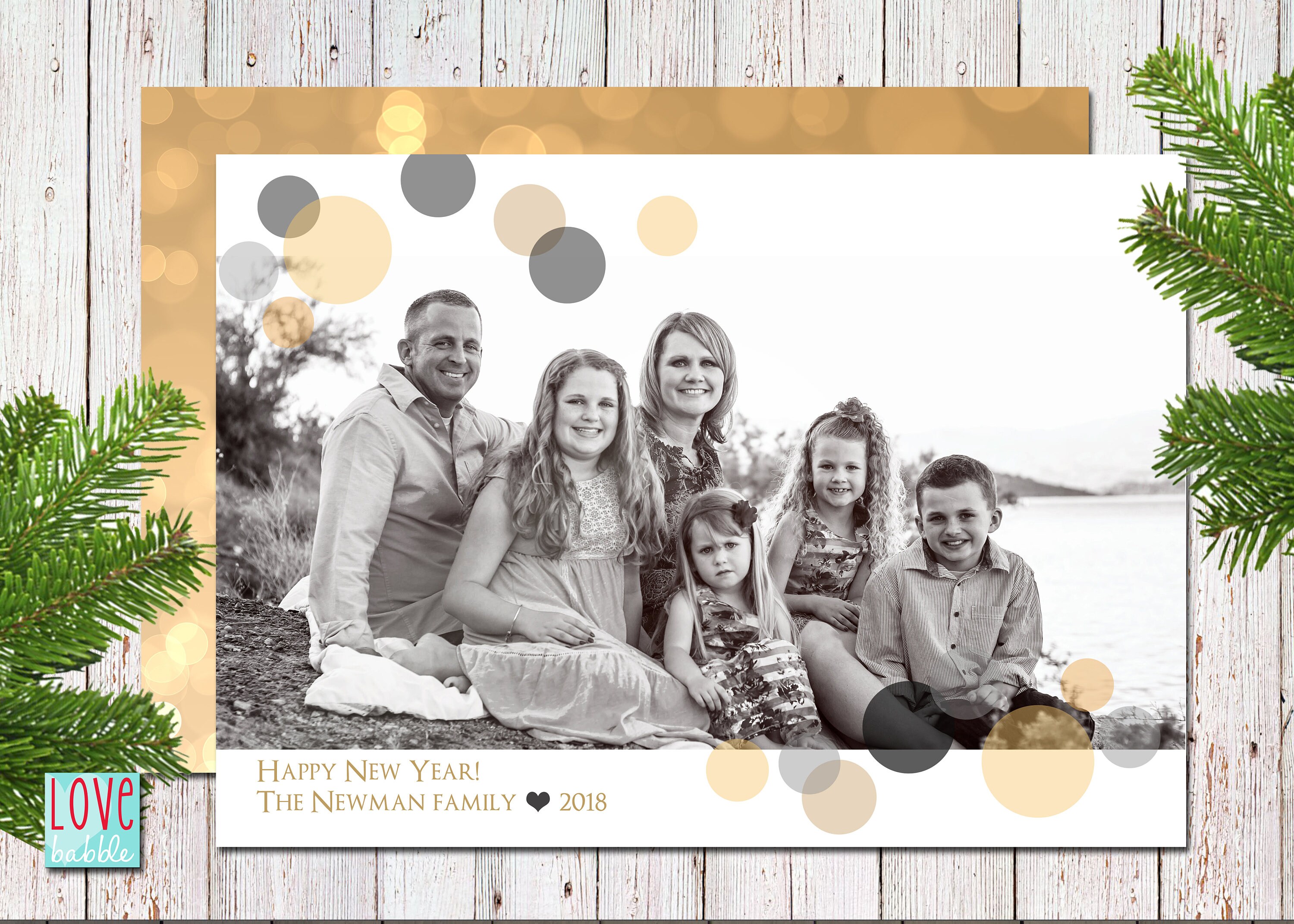 Happy New Year's Photo Card, Gold Bokeh Polka Dots, Black and Gold ...