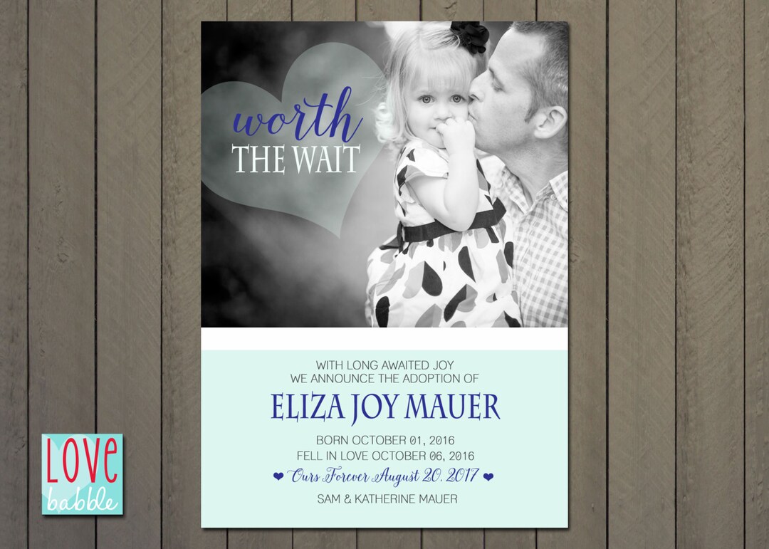 Adoption Baby Toddler Announcement Invitation, Heart, Love, Mint ...
