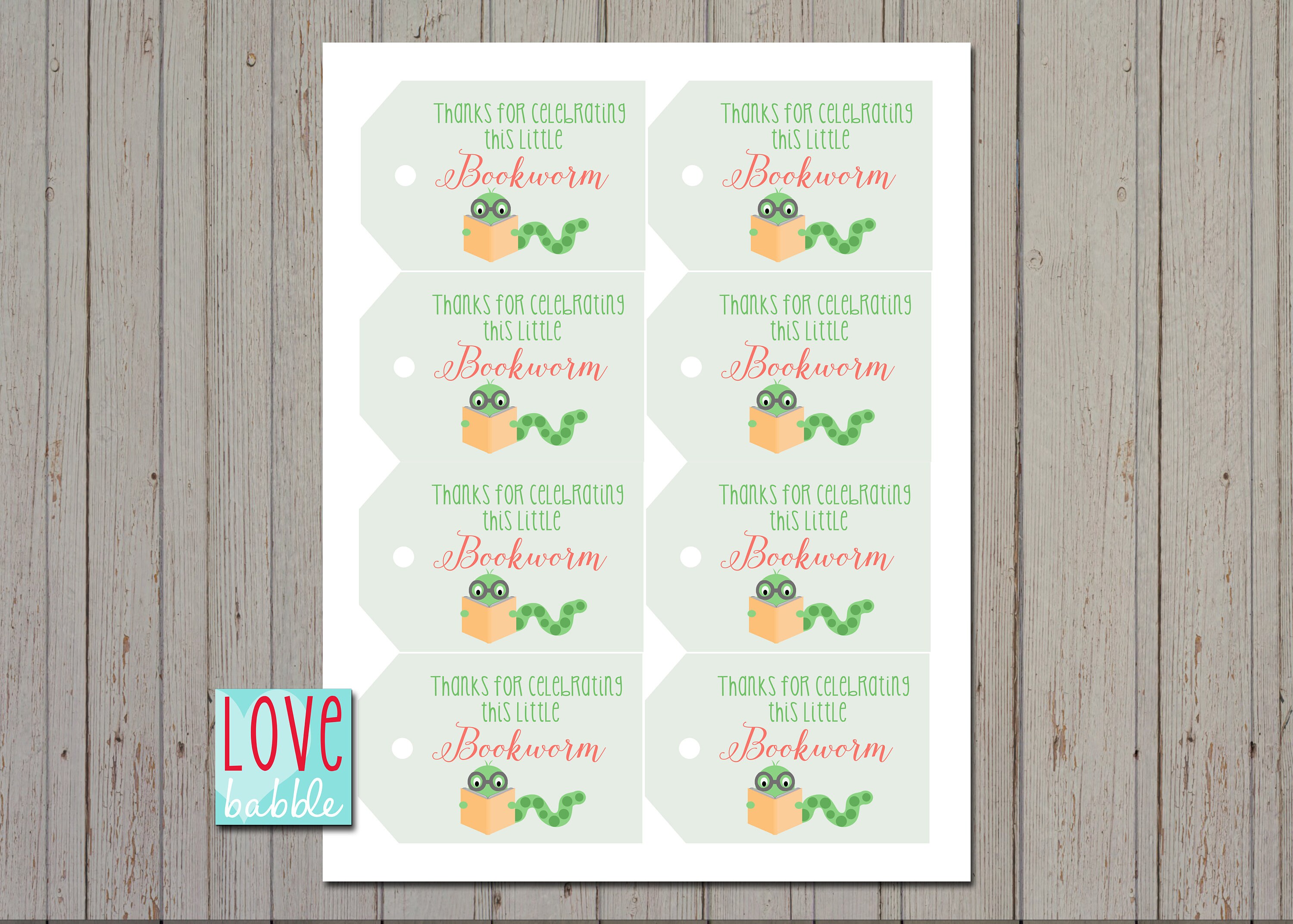 Baby Shower Books Book worm favor tags 8 per printable | Etsy