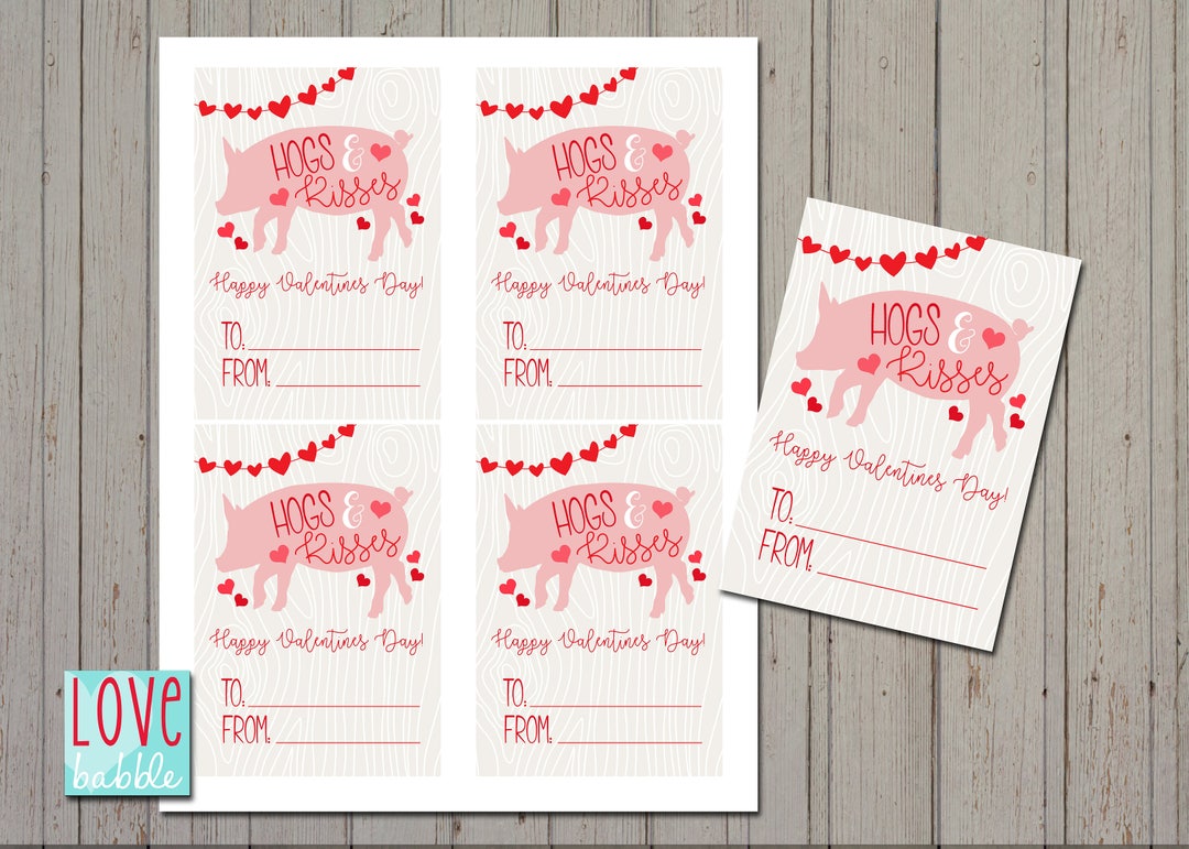 Hogs & Kisses Pigs Valentine Valentine's Day Exchange Cards - PRINTABLE ...