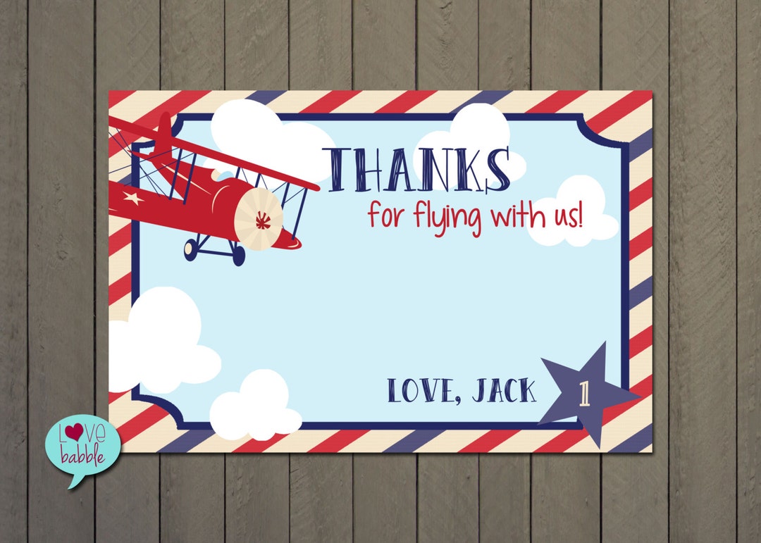 Airplane Flight Aviator Plane Thank You Note Card, Red and Blue Vintage ...