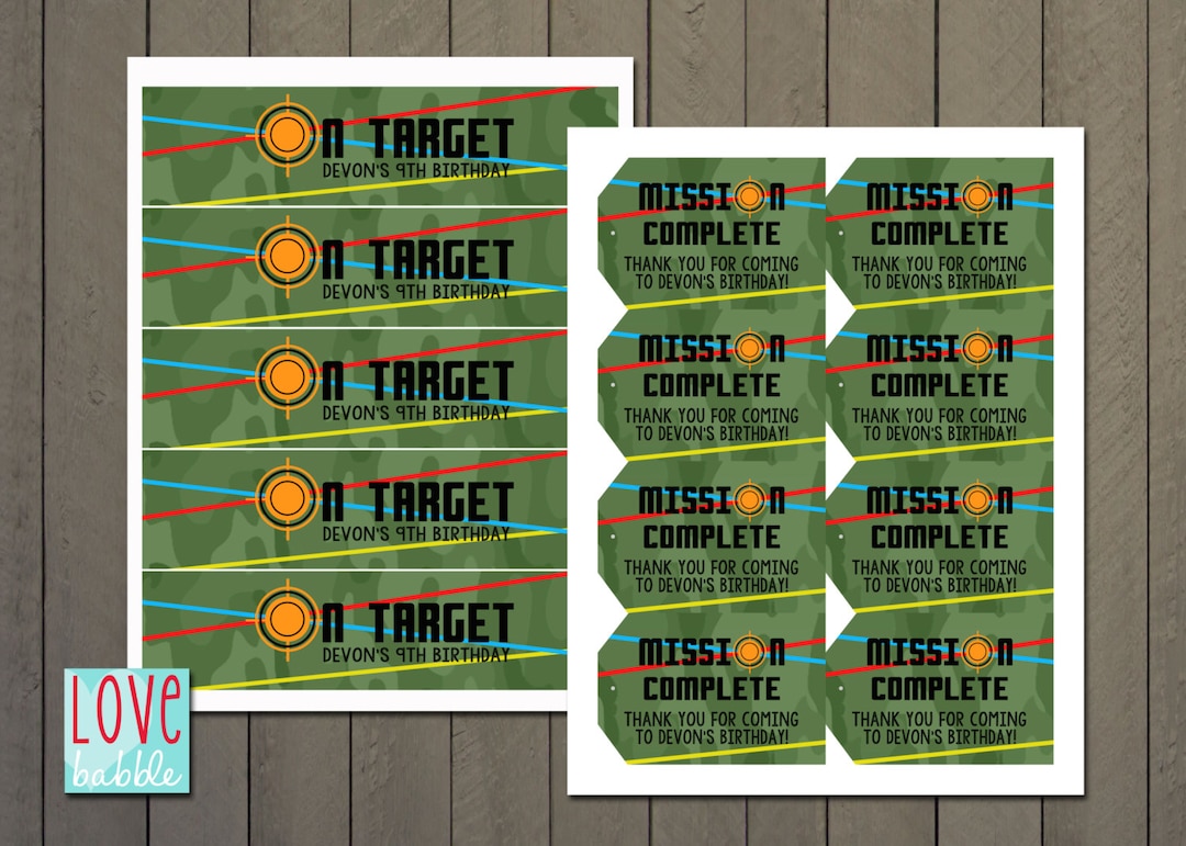 Laser Tag, Target, Mission Complete Favor Tag and Water Bottle Labels ...