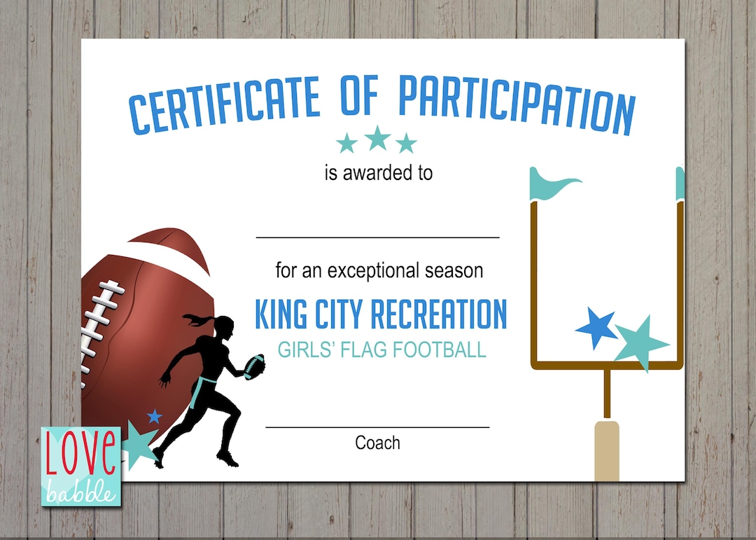 Girls Flag Football Award Certificate PRINTABLE DIGITAL FILE 8.5" X 11 ...