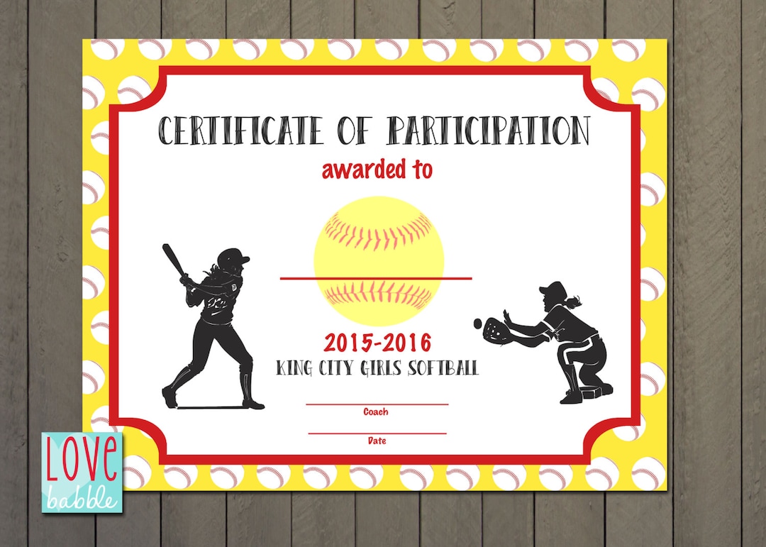 Girls Softball Baseball T Ball Award Certificate PRINTABLE DIGITAL FILE ...