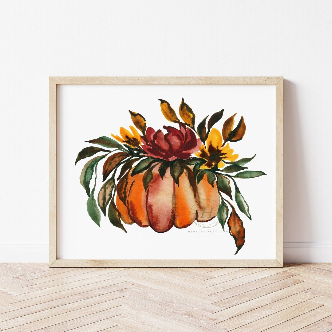 Fall Pumpkin, Flowers, Watercolor Print, Modern Art by Hippiehoppy - Etsy