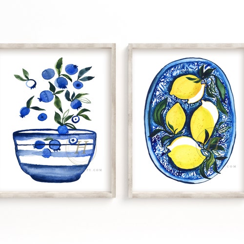 Blueberry and Lemon Watercolor Prints Set of 2 - Etsy