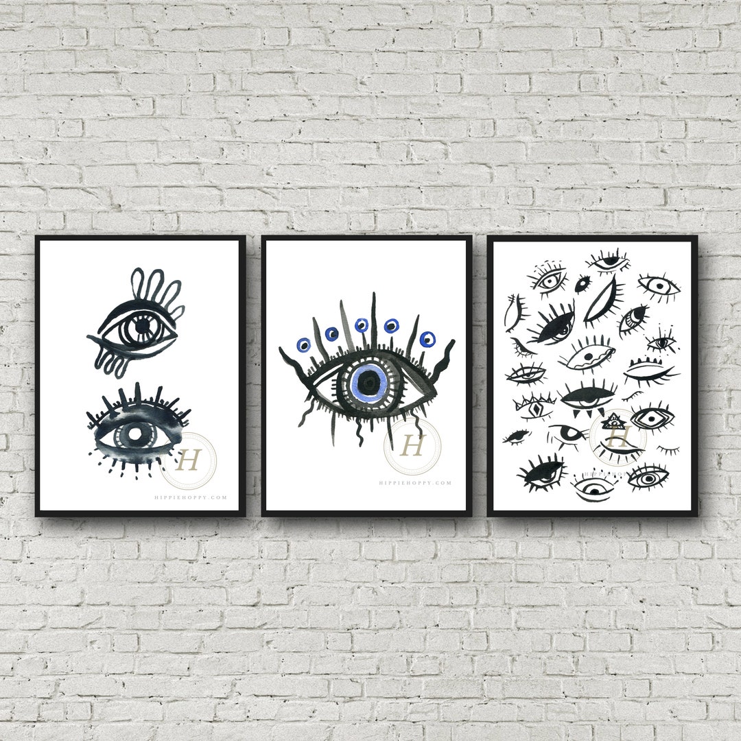 Evil Eye Print Set of 3, Abstract Wall Art, Watercolor Prints - Etsy