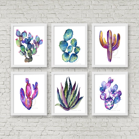 Large Colorful Cactus Watercolor Prints Set of 6 | Etsy