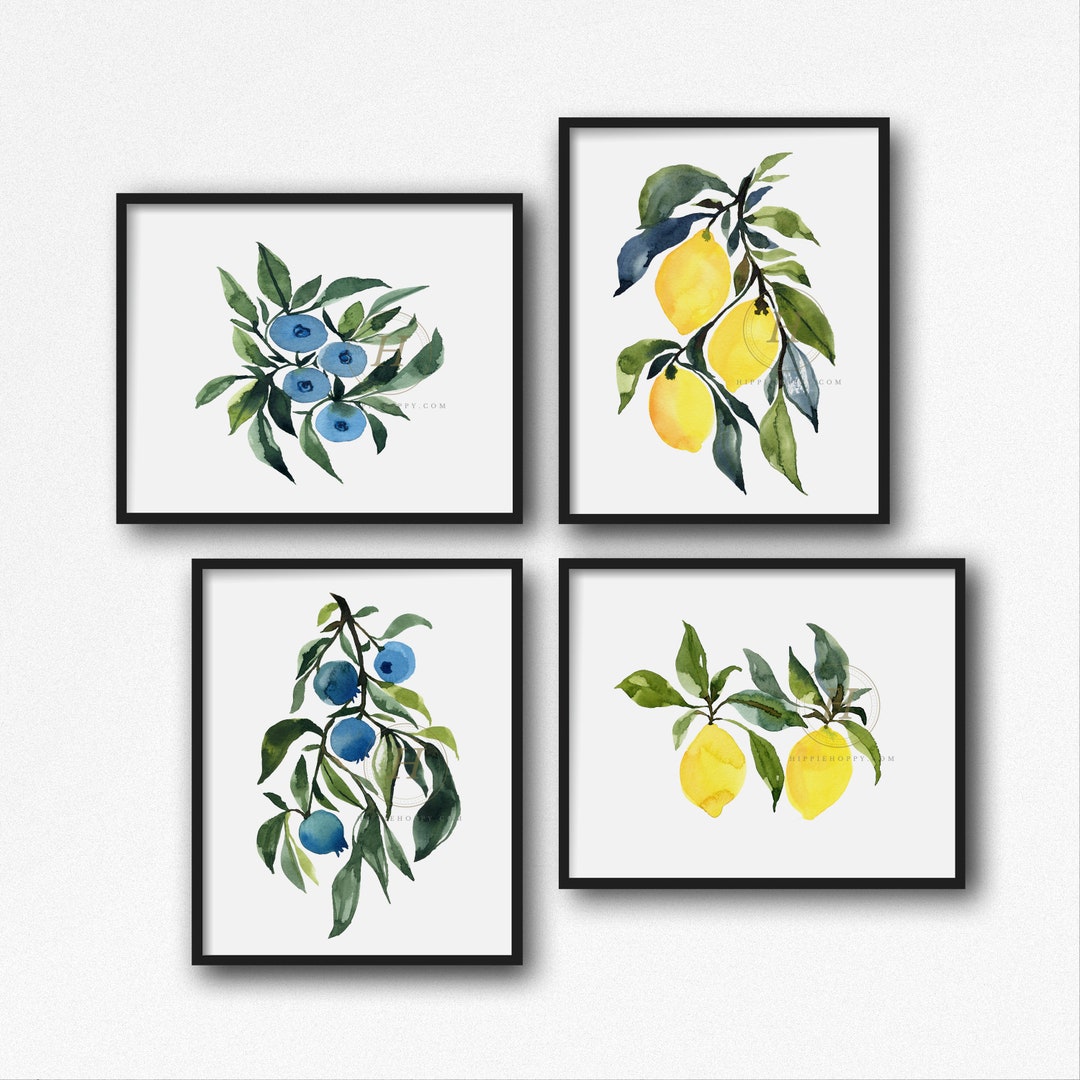 Lemons and Blueberries Watercolor Print Set of 4 - Etsy