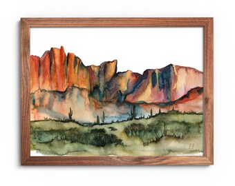 Desert Sunset Print Colorful Watercolor Wall Art Southwest Landscape ...