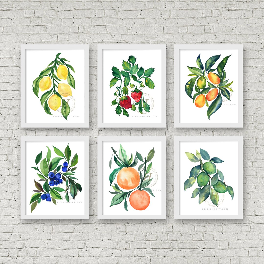 Kitchen Watercolor Fruit Prints, Set of 6, Orange Art, Strawberry Art ...