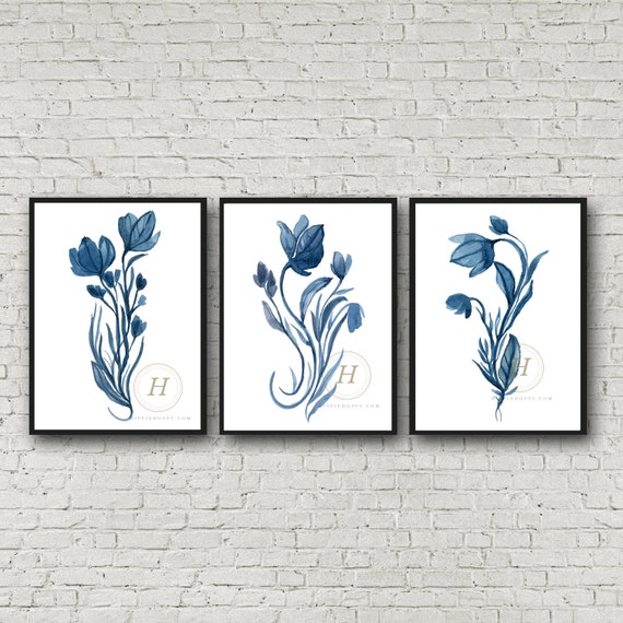 Blue Flower Art Watercolor Prints Set of 3 - Etsy
