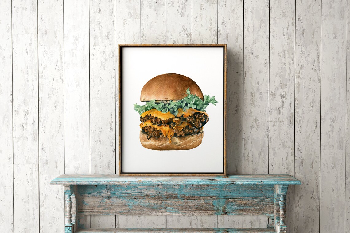 Cheeseburger Watercolor Print Kitchen Art by Hippiehoppy - Etsy