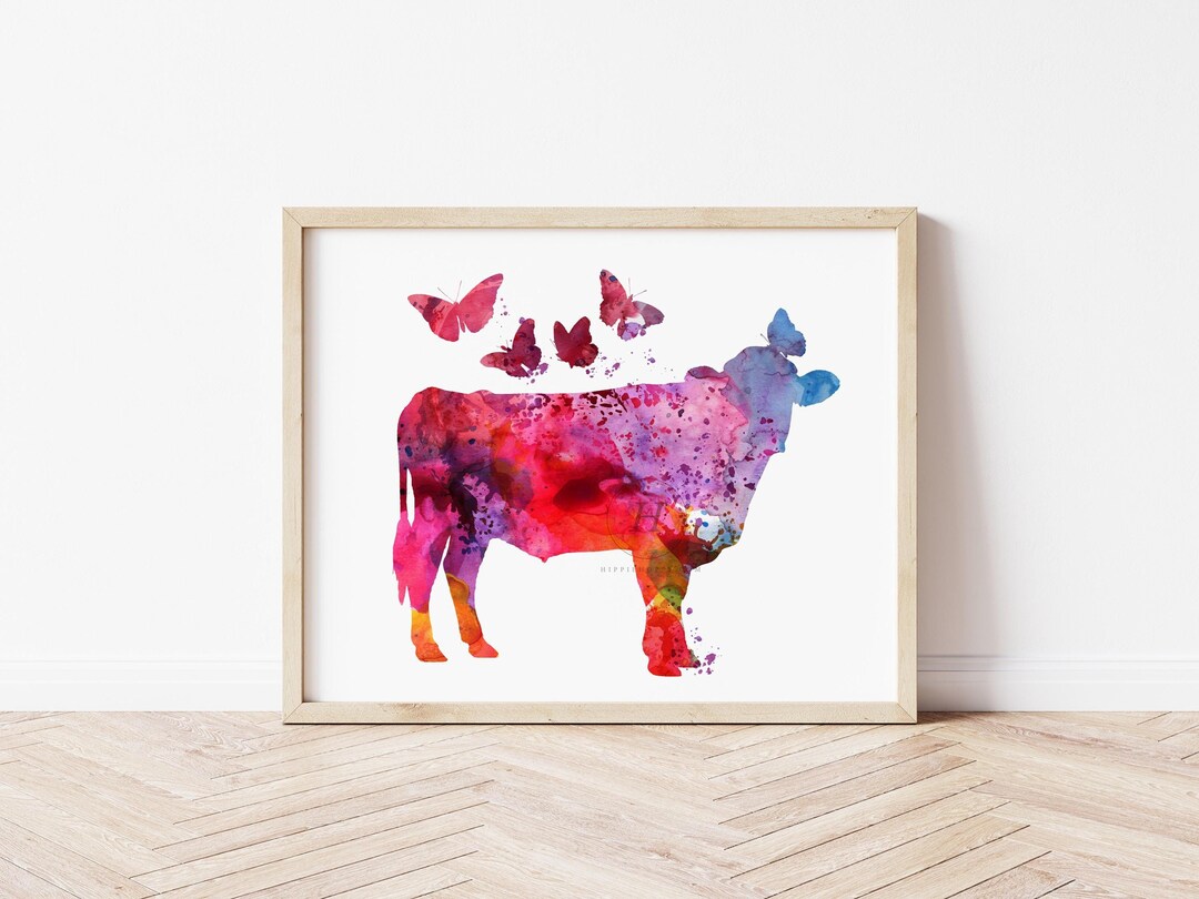 Cow Butterflies Cattle Farm Animals Watercolor Painting Print - Etsy