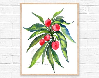 Cherry Watercolor Painting Four Red Cherries No. 2, Watercolor Art ...
