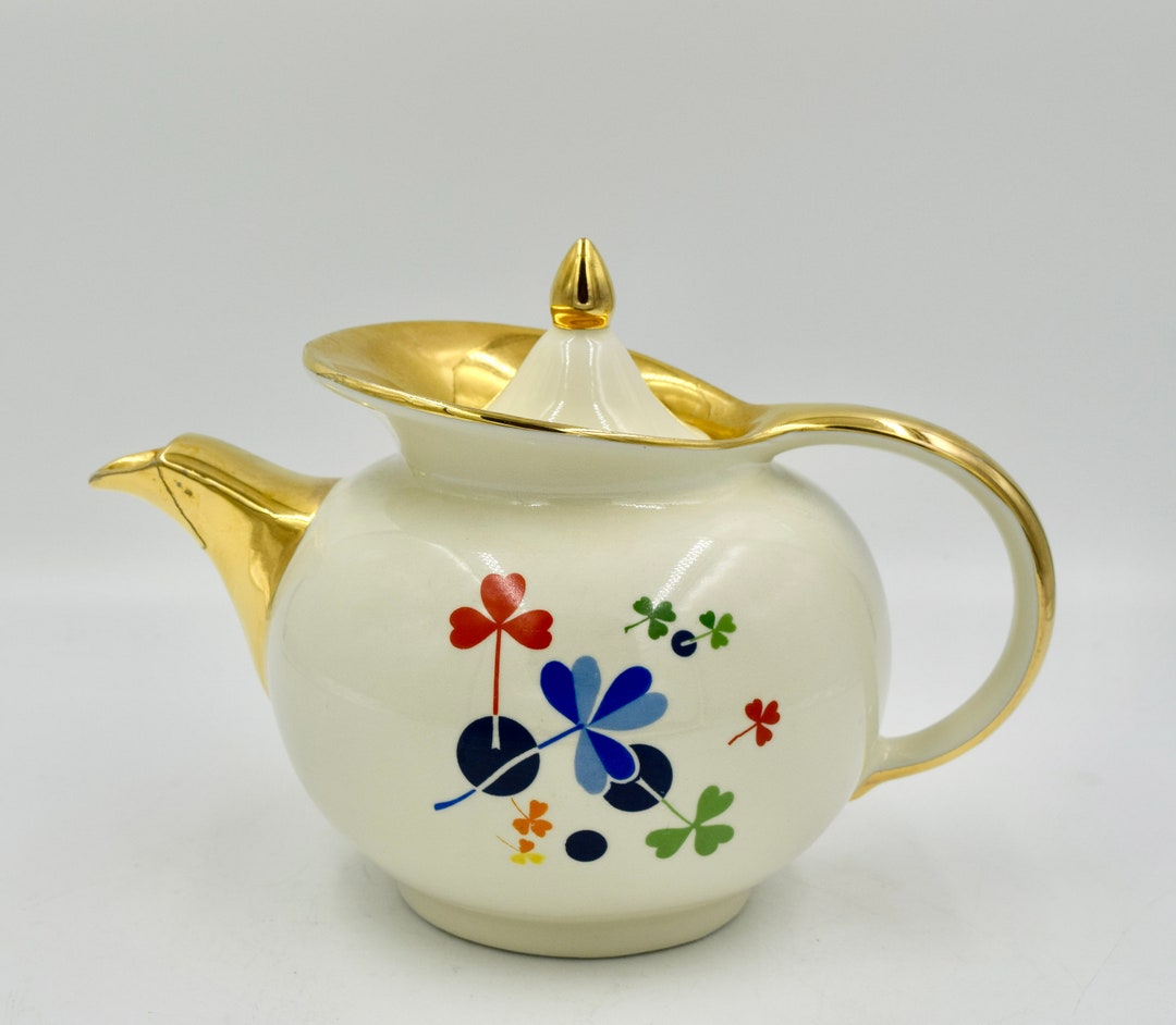 Rare Hall China Golden Clover Teapot Shamrocks Teapot Gold Gilt Irish ...