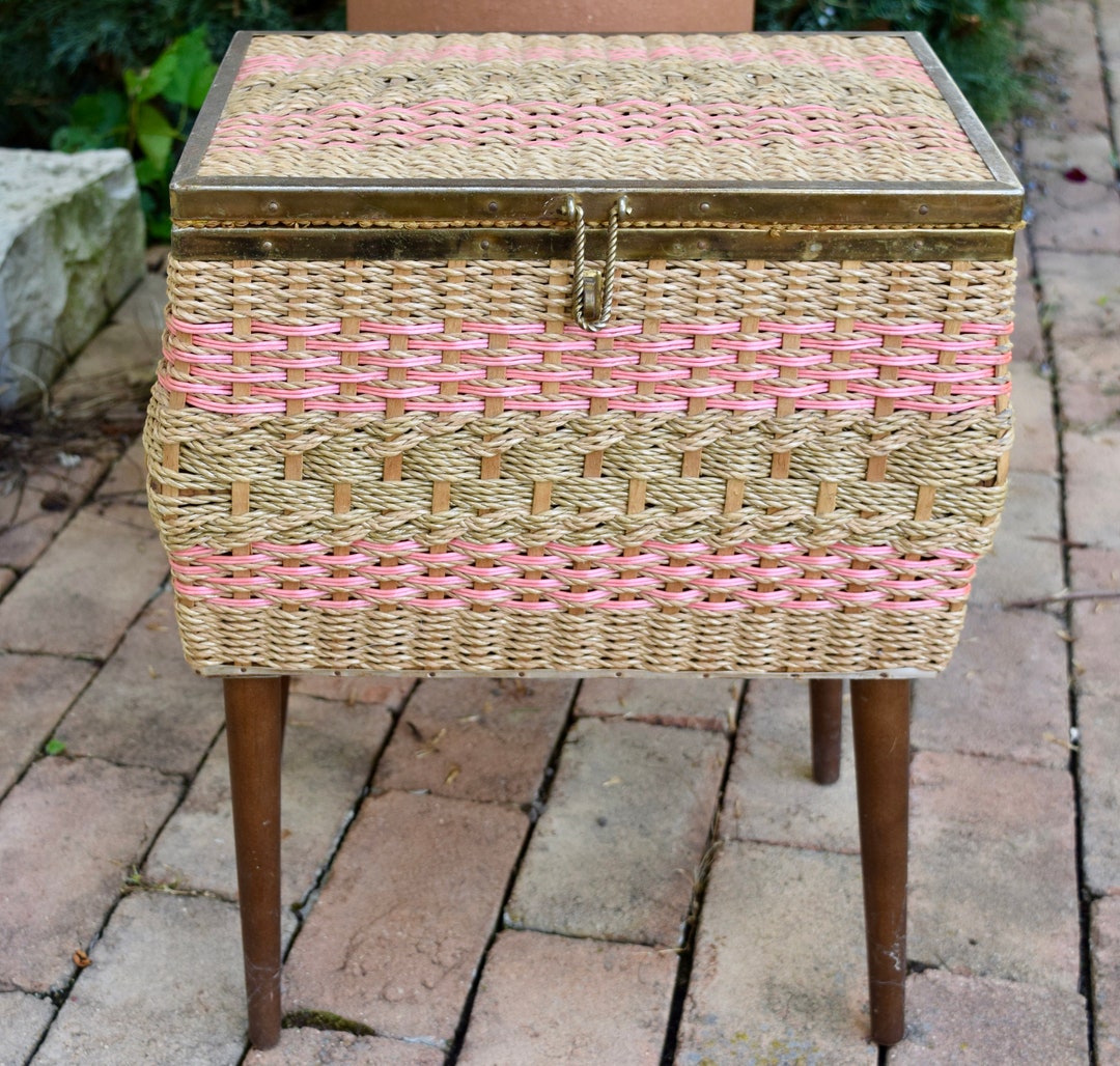 JC Penney Standing Wicker Sewing Chest With Removeable Wooden Legs and ...