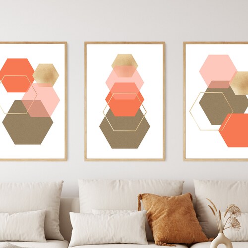 Geometric Prints Printable Wall Art Set of 3 Rose Gold Pink | Etsy