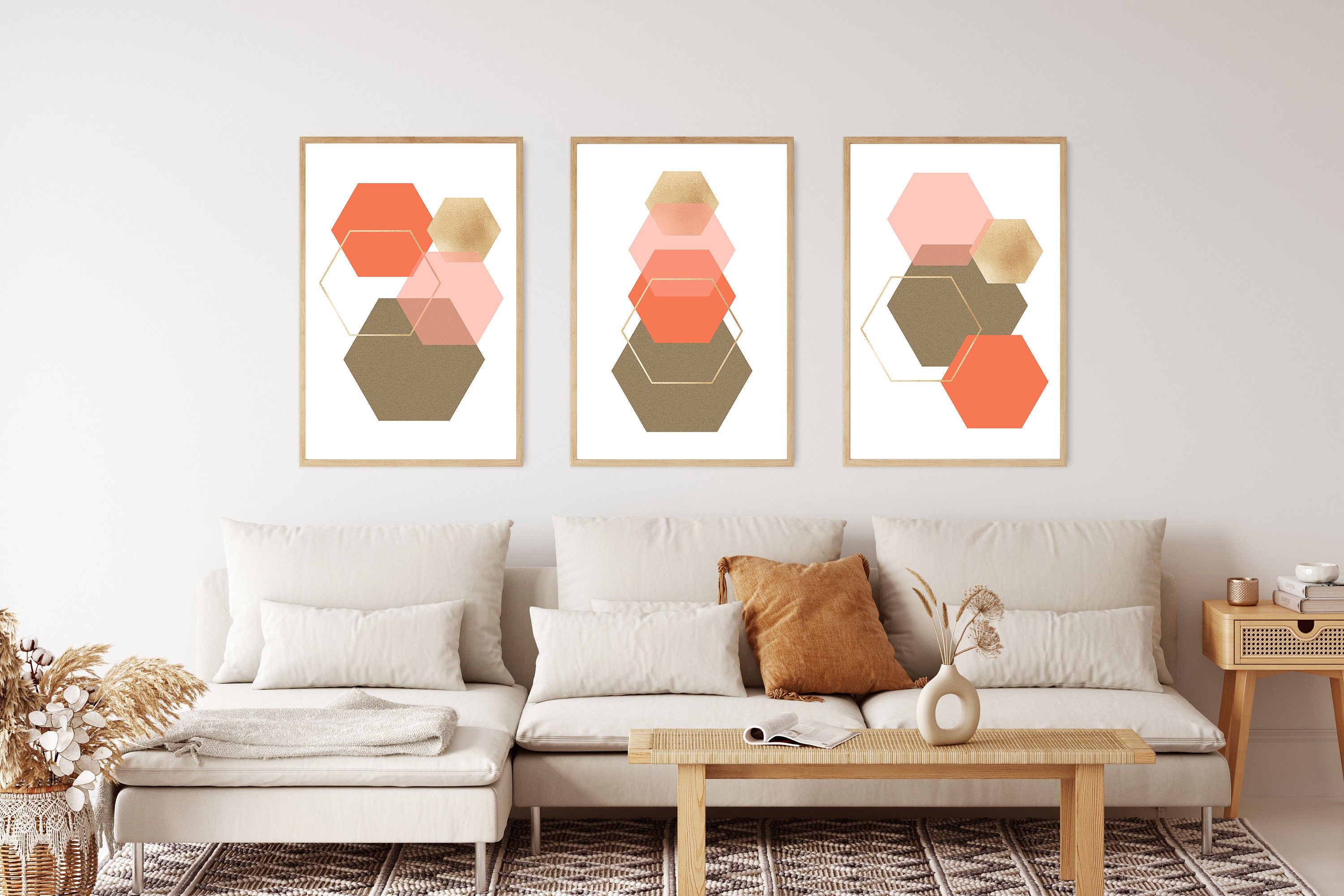 Geometrische druckbare Wandkunst 3er Set, Gold & Orange abstrakte Kunst, modernes Dekor ...