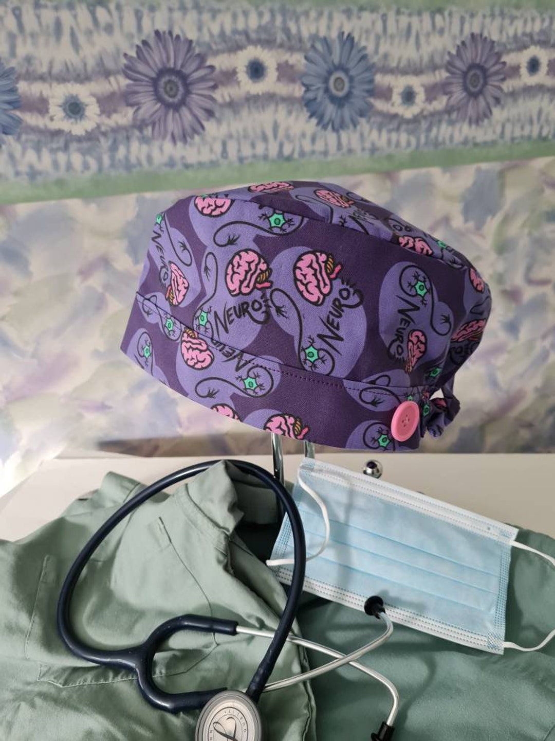 Scrub Cap With Buttons, Women's Medical Cap, Surgical Cap, Neuro, Brain ...